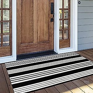 OJIA Cotton Black and White Striped Rug 24'' x 51'' Hand-Woven Indoor/Outdoor Area Rug Layered Door Mats for Front Porch/Entryway/Laundry Room/Bedroom/Outdoor