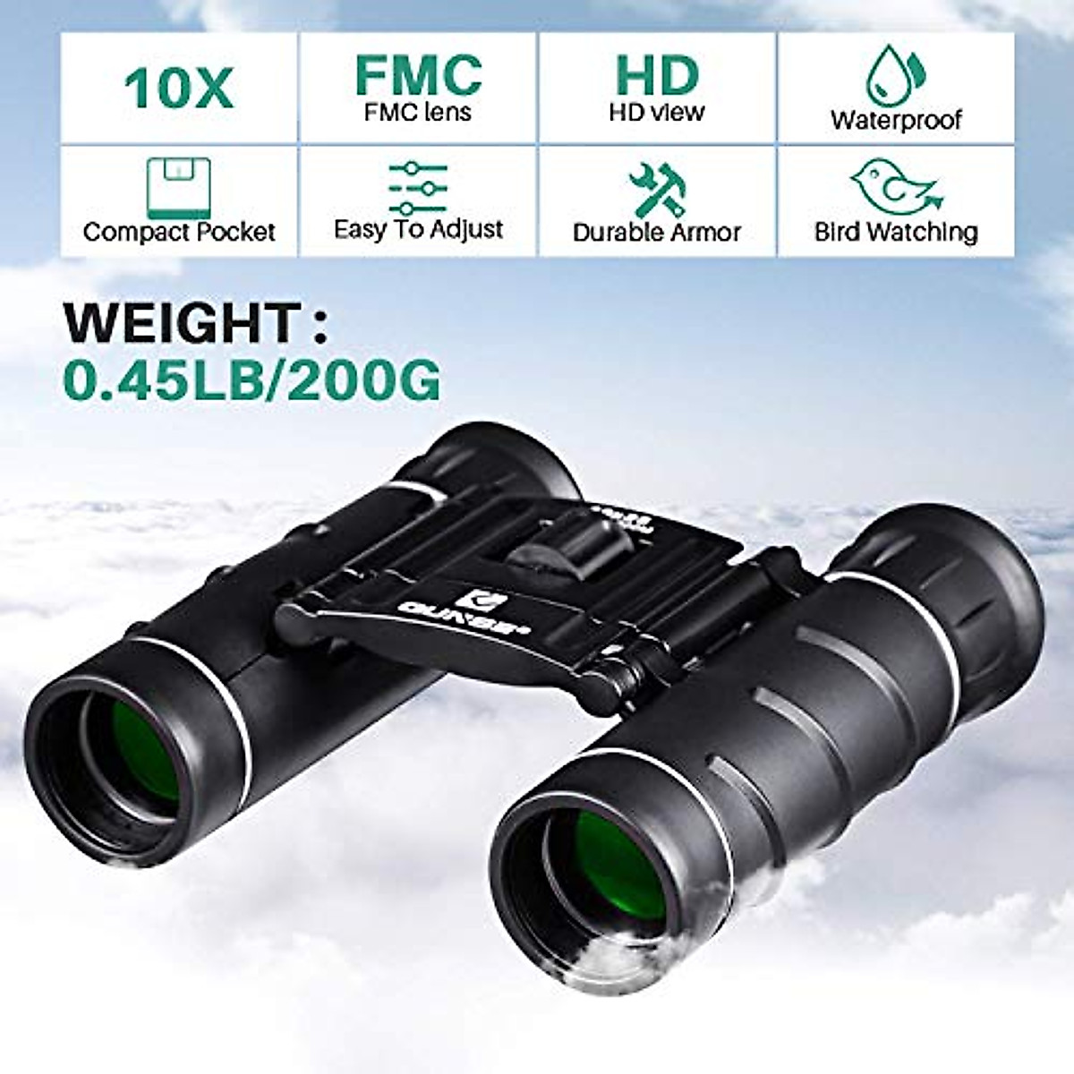 QUNSE Mini Pocket Small Binoculars, 10x25 Bird Watching Compact Folding Binoculars with Waterproof for Adults/Kids/Travelling/Sightseeing/Hunting