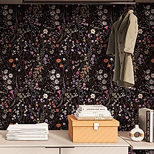 JiffDiff Dark Wild Flowers Wallpaper, Farm Floral, Peel and Stick, Self Adhesive Daisy Wall Stick 17.3"x118" Covering 14sq.ft