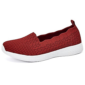 Puxowe Women's Casual Slip on Walking Flat Shoes-Lightweight Low-Top Knit Loafer Sneaker Red Size 8 US