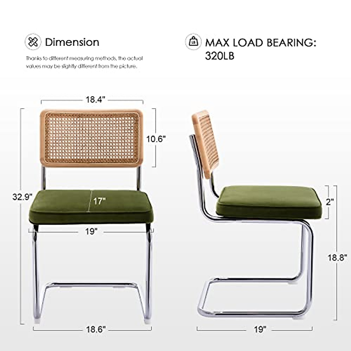 Zesthouse Mid Century Modern Dining Chairs Set of 2, Velvet Accent Chairs with Natural Cane Back & Stainless Chrome Base, Famous Breuer Designed Chairs, Upholstered Rattan Kitchen Chairs,Green