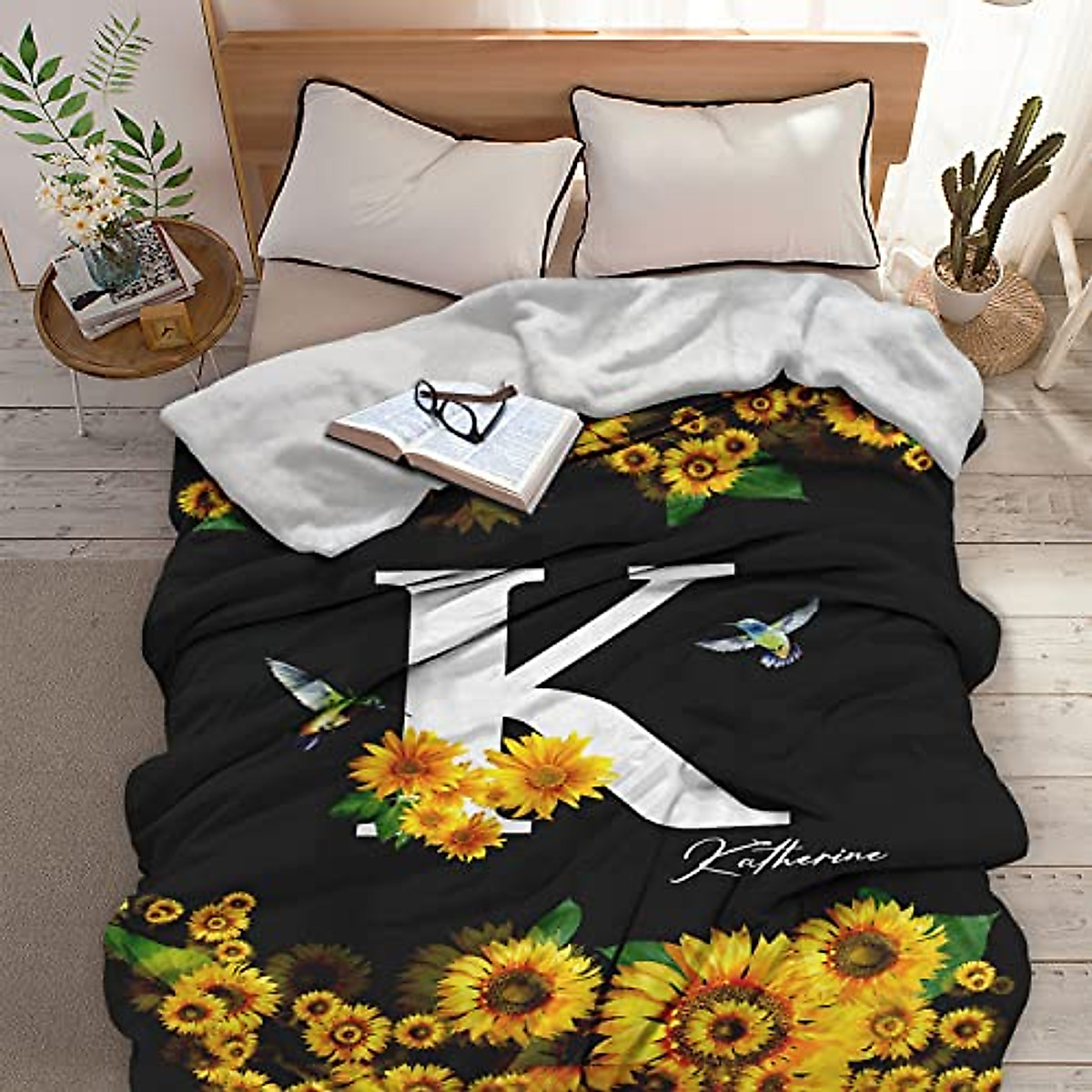 Personalized Name Text Sunflower Blanket Custom Your Name Throw Blanket for Baby Women Friends Sister Wife Mom Birthday Anniversary Christmas Customized Gifts, 60×80 Inch