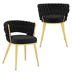 KCC Modern Velvet Dining Chairs Set of 2, Upholstered Living Room Chair with Woven Back and Golden Metal Legs, Mid-Century Accent Side Chair for Living Room, Dining Room, Kitchen, Black