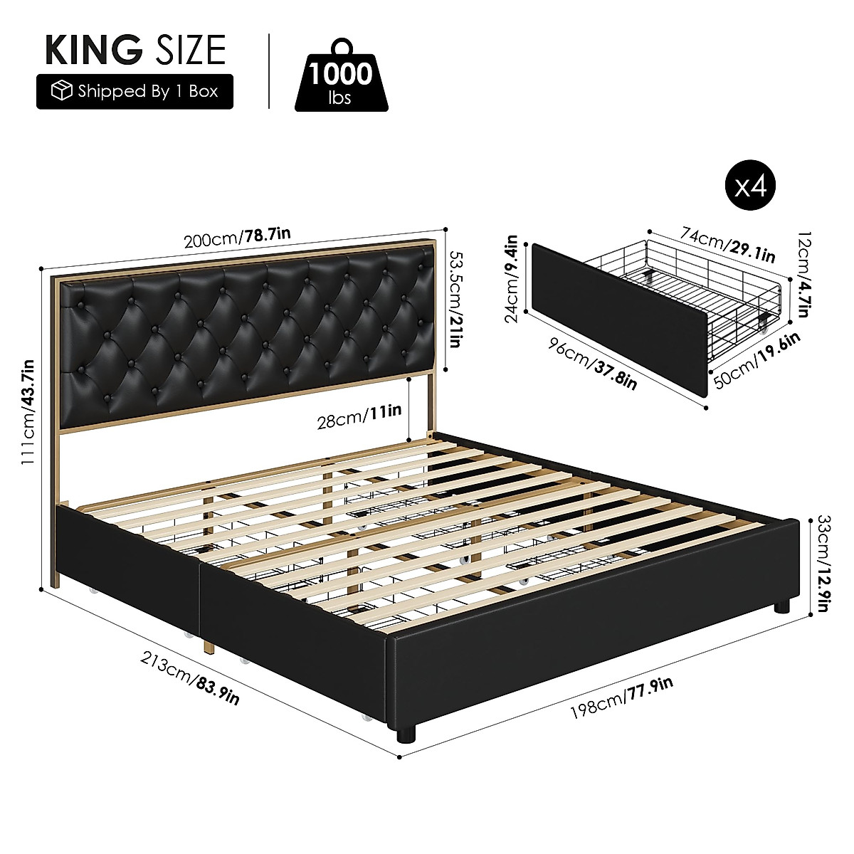 HIFIT King Upholstered Bed Frame with 4 Storage Drawers and Handmade Button Tufted Headboard, Modern PU Leather King Platform Storage Bed with Solid Wooden Slats, No Box Spring Needed, Golden & Black