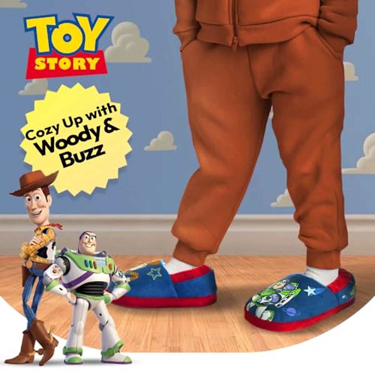 Disney Toy Story Slippers - Buzz Lightyear and Sheriff Woody Fuzzy PJ House Shoes - Boys Pajama Indoor Warm Slipper - Navy Blue/Red (size 7-8 Toddler)