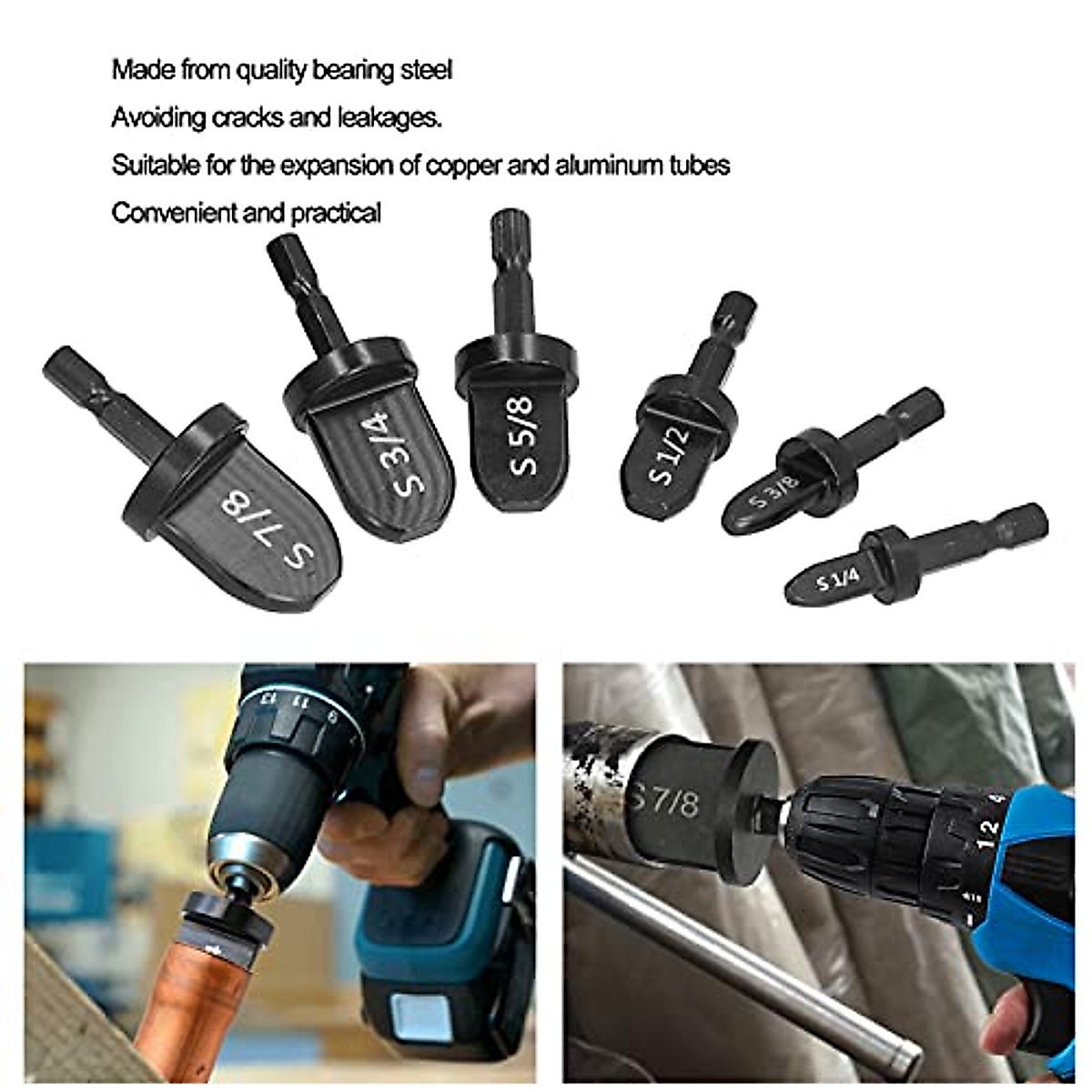 6PCs Swaging Tool Drill Bit Set Copper Aluminum Pipes Expansion Tube Expander Drill Bit Air Conditioner Maintenance HVAC Tools(Hex Shank)