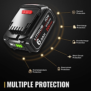 DASNITE 6.0Ah 20V Max Replacement for Dewalt 20V Max Battery Lithium Ion Compatible with Dewalt Batteries DCB200 DCB204 DCB206 DCB201 DCB203 DCD/DCF/DCG Series Cordless Power Tools(2-Pack)