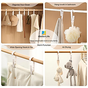 iBetterLife Clothes Pins Heavy Duty Outdoor - 8Pcs Large Laundry Hook Hangers with Clips Closet Organizer Clamps Hanging Socks Boot Bras Towels Shower Pegs for Bathroom Wardrobe Kitchen Office, Black