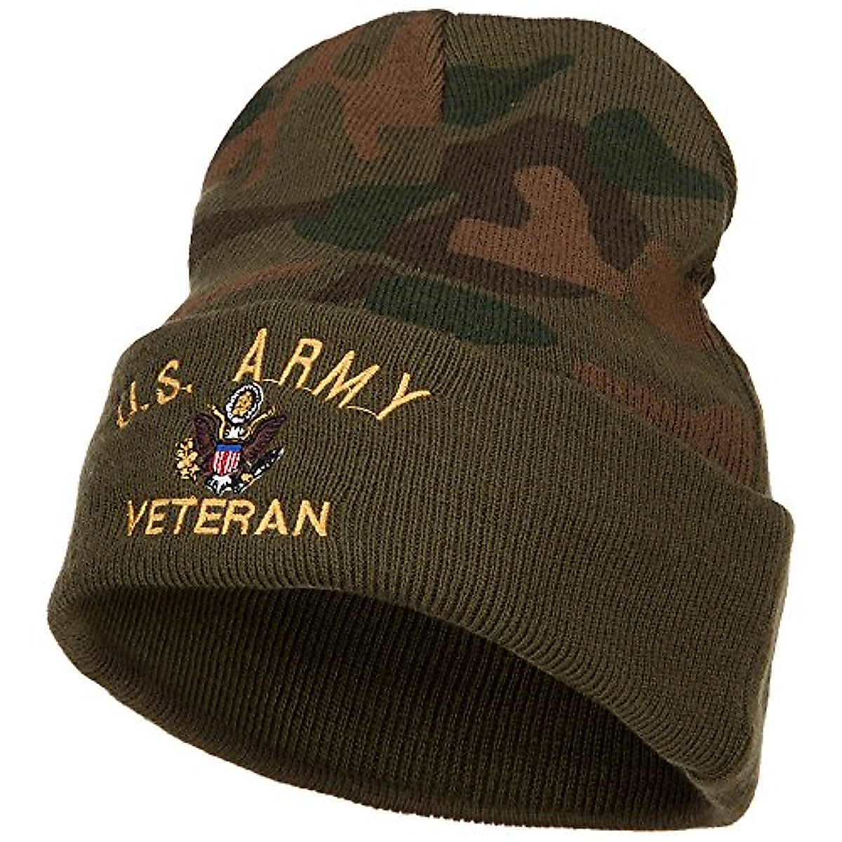 e4Hats.com US Army Veteran Military Embroidered Camo Knit Long Beanie - Green OSFM