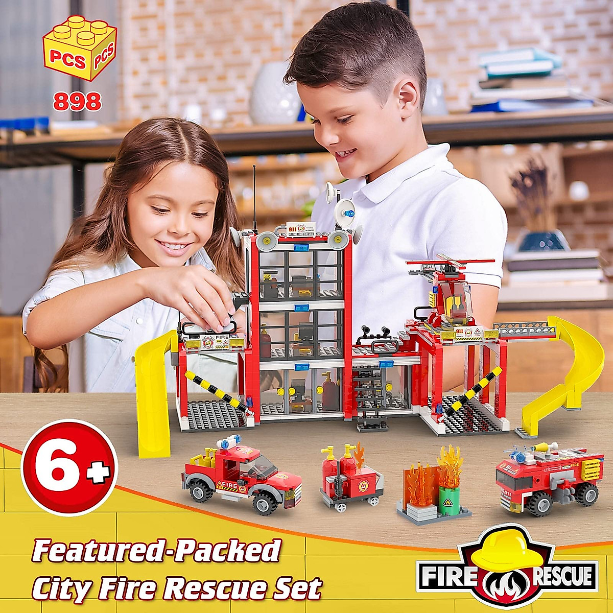 WishaLife City Fire Station Toy Building Set, with 2 Fire Truck Toys, Helicopter, Pretend Play Toys Gift Idea for Kids Boys Girls Ages 6 Plus