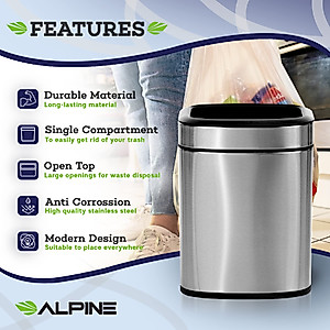 Alpine 6 L Stainless Steel Slim Open Trash Can - Compact Garbage Bin - Wide Access Top Slender Durable Receptacle with Sturdy Plastic Liner (1.6 Gal)