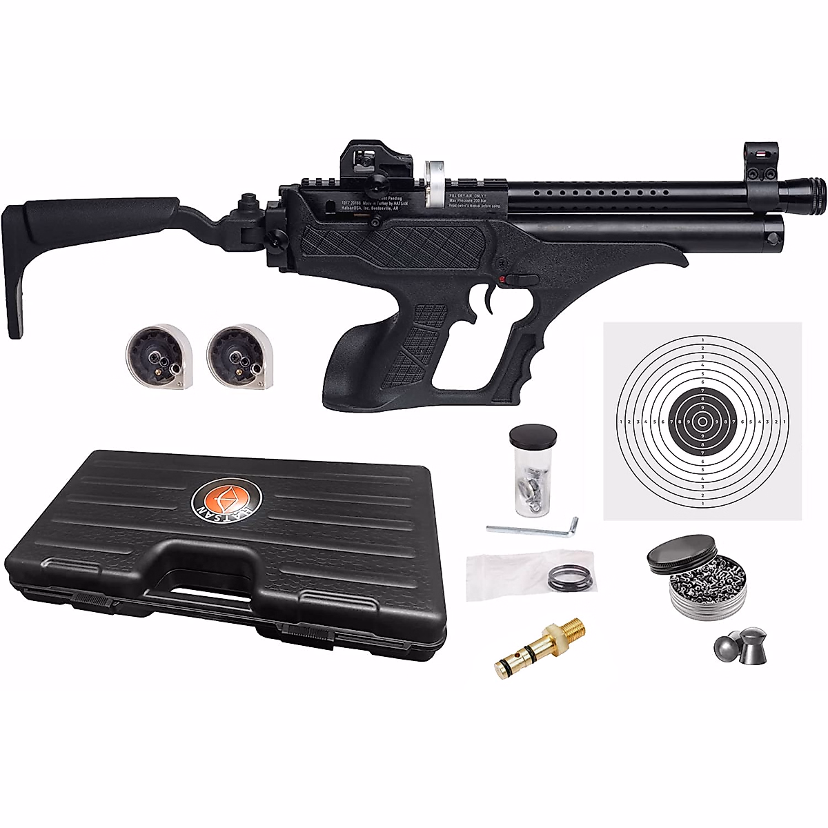 Hatsan Sortie Tact Semi-Auto PCP Synthetic .25 Cal Air Pistol with Wearable4U 100x Paper Targets and 150x .25cal Pellets Bundle