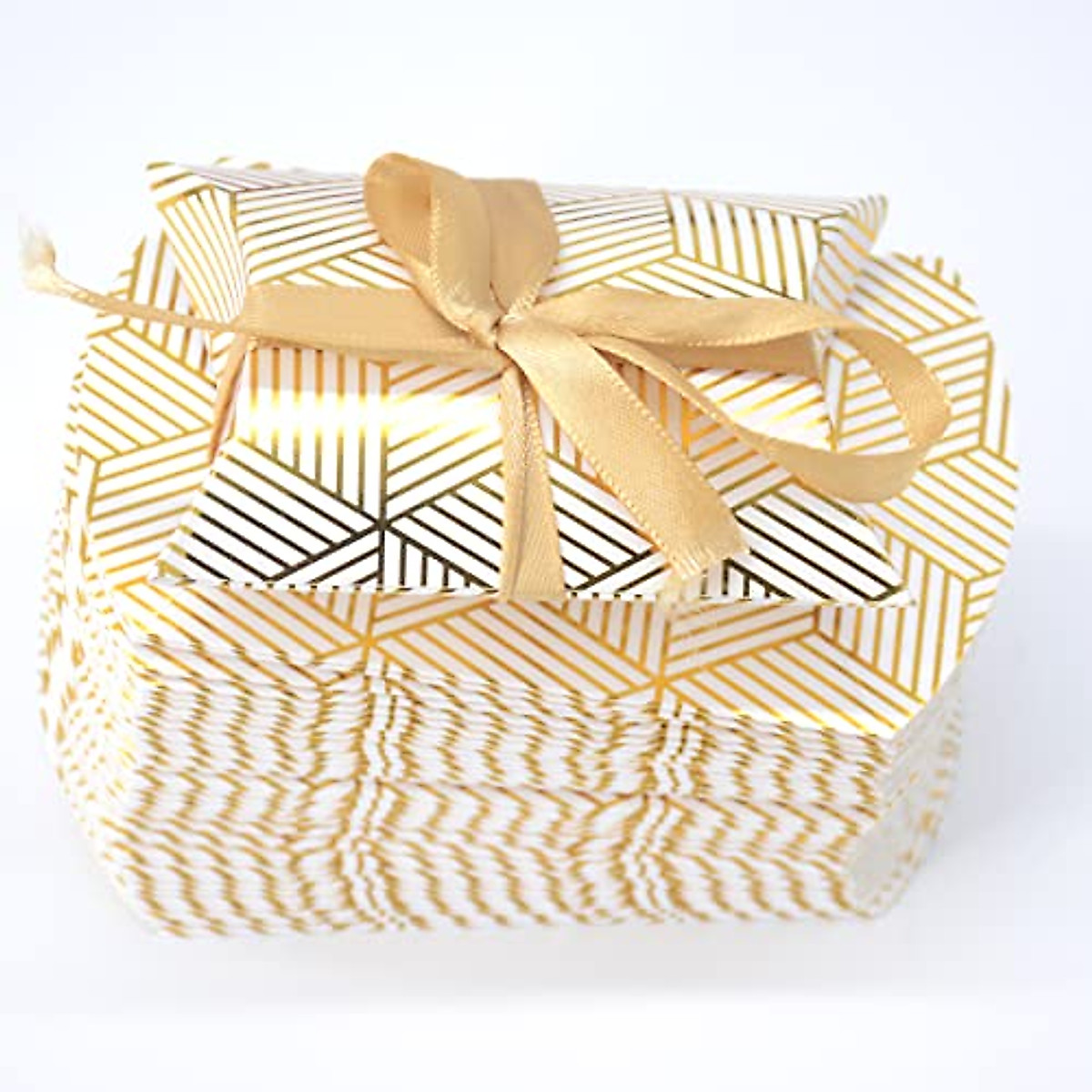 Aokbean Pack of 100 European Kraft Paper Pillow Gift Boxes Wedding Favor Party Supply Favor Gift Candy Box with 50 Yards Ribbon (Gold Stripes)