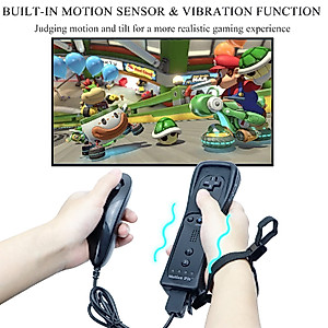 Wii Controller 2 Pack, Wii Remotes with Motion Plus and Nunchucks Compatible with Wii & Wii U Console, Wireless Remote come with Silicone Case and Wrist Strap (2 Black)