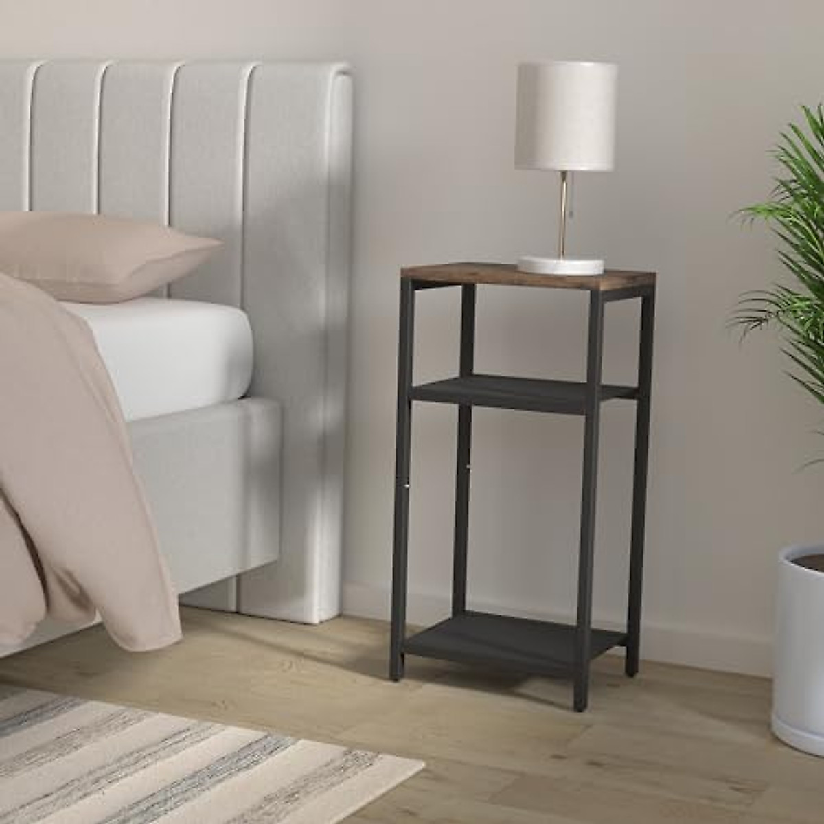 Yifeel Side Table Set of 2, 3 Tier End Table with Storage, Tall Telephone Table, Night Stand for Small Spaces, Sturdy Metal Frame, Living Room, Bedroom, Rustic Brown and Black JET001NSR2