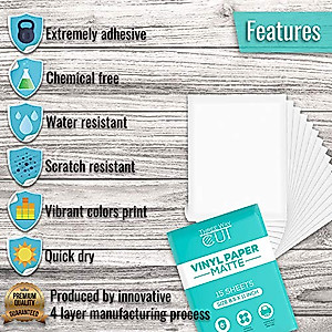 Printable Vinyl Sticker Paper Matte for Inkjet & Laser Printer 15 Sheets White, Decal Paper Tear & Scratch Resistant Quick Ink Dry, Cricut Sticker Paper for Making Labels and Crafts