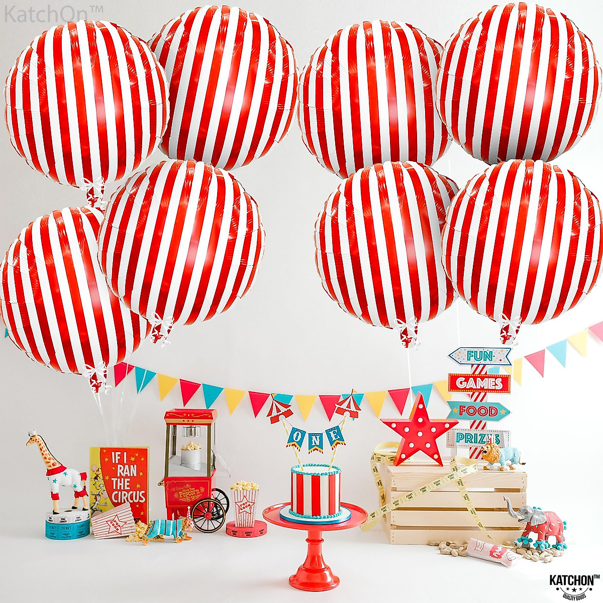 KatchOn, Red and White Striped Balloons - 18 Inch, Pack of 10 | Carnival Balloons for Carnival Decorations | 4D Striped Circus Balloons | Carnival Theme Party Decorations, Red and White Balloons Decor