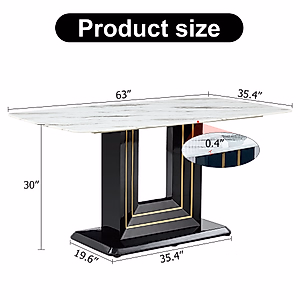 WIIS' IDEA 63" White Marble Dining Table for 4-6 People with GRP Kitchen Rectangular Table Top,Black MDF Legs,Modern Home Kitchen Table,Easy Assembly(White)