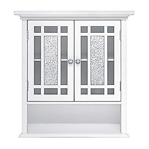 Teamson Home Windsor Wooden Over The Toilet Bathroom Removable Wall Medicine Cabinet with 1 Fixed and 1 Adjustable Shelf 3 Storage Spaces 2 Glass Mosaic Panel Doors and Chrome-Finished Knobs, White