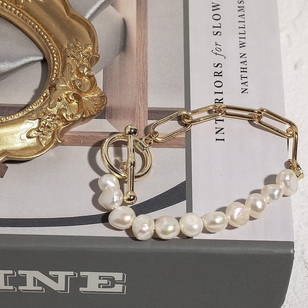 Cowlyn Paperclip Pearl Bracelet Baroque Culture Link Chain 14K Gold Plated Dainty Handmade Bangle Charm Jewelry Present for Women