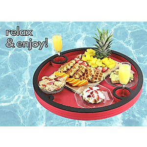 Polar Whale Floating Breakfast Table Serving Buffet Red and Black Round Tray Drink Holders for Swimming Pool Beach Party Float Lounge Refreshment Durable Foam UV Resistant with Cup Holders 24 Inches