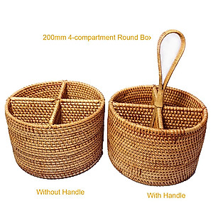 i-lan Natural Rattan 4 Compartments Cooking Utensil Silverware Organizer Holder Cosmetics Storage Box Cutlery Caddy Flatware Serving Basket (180mm 4-Compartment Box)
