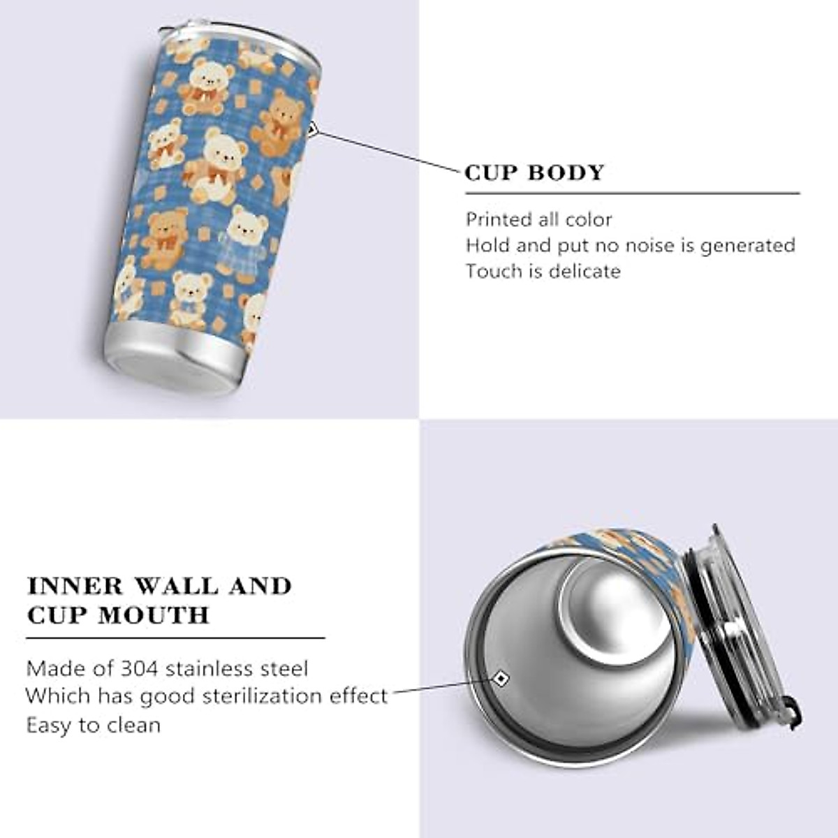 sanluoli Cartoon Bears Cute Plaids Stainless Steel coffee cup with Lid and Straw mugs for coffee for camping reusable insulated tumbler with lid 20 OZ