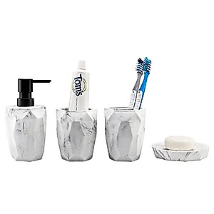 MyGift 4 Piece Modern Bathroom Accessory Set with Marbled Pattern and Geometric Design Includes Lotion Dispenser, Toothbrush Holder, Tumbler, Soap Dish