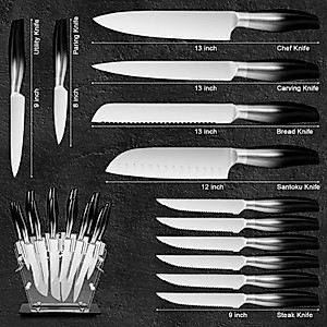 Knife Set, 12 PCS kitchen Knife Sets with Block, Stainless Steel 6 Steak Knives, Chef's Knife, Carving Knife, Santoku Knife, Bread Knife, Utility Knife and Paring Knife with Acrylic Stand, Black