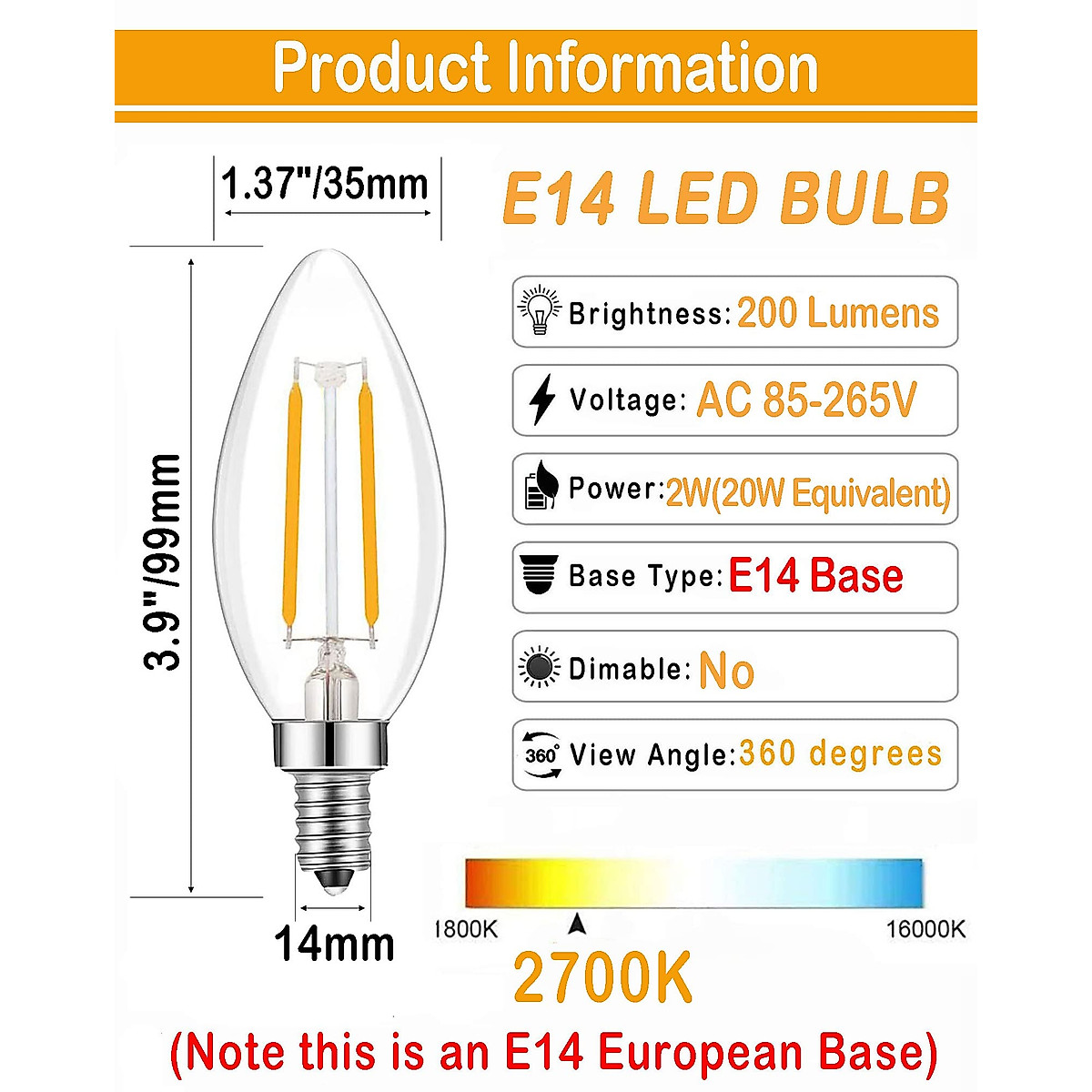 Lamsky E14 European Base LED Filament Edison Bulb, 2W Warm White 2700K, No-Dimmable (4-Pack)