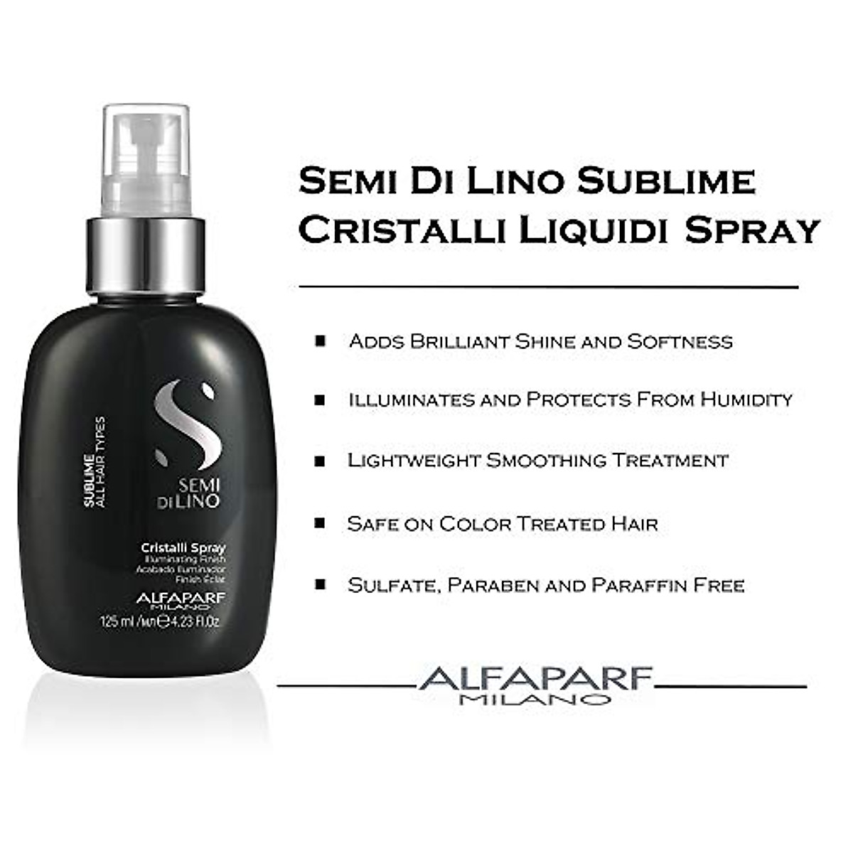 Alfaparf Milano Semi Di Lino Sublime Cristalli Smoothing Finishing Hair Spray - Dry Hair Treatment to Detangle & Add Shine - Smoothing Serum with Flax Seed Oil & Vitamin E - Vegan (4.23 oz / 125 ml)