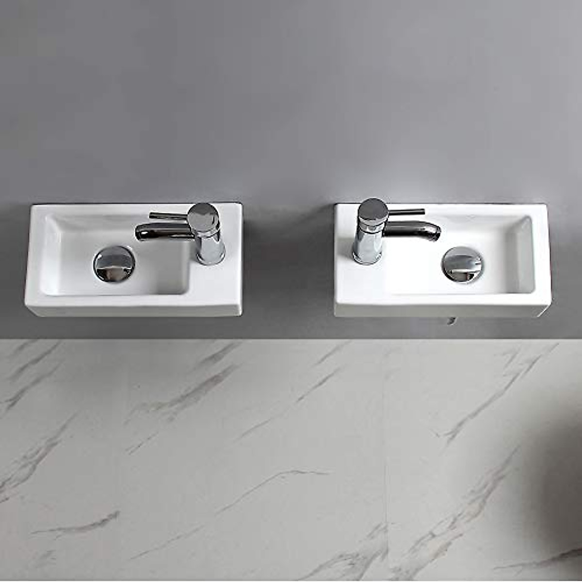 Wall Hung Basin Sink Small Cloakroom Basin Rectangle Ceramic Wash Basin Left Hand with Tap & Drain(Art Deco)