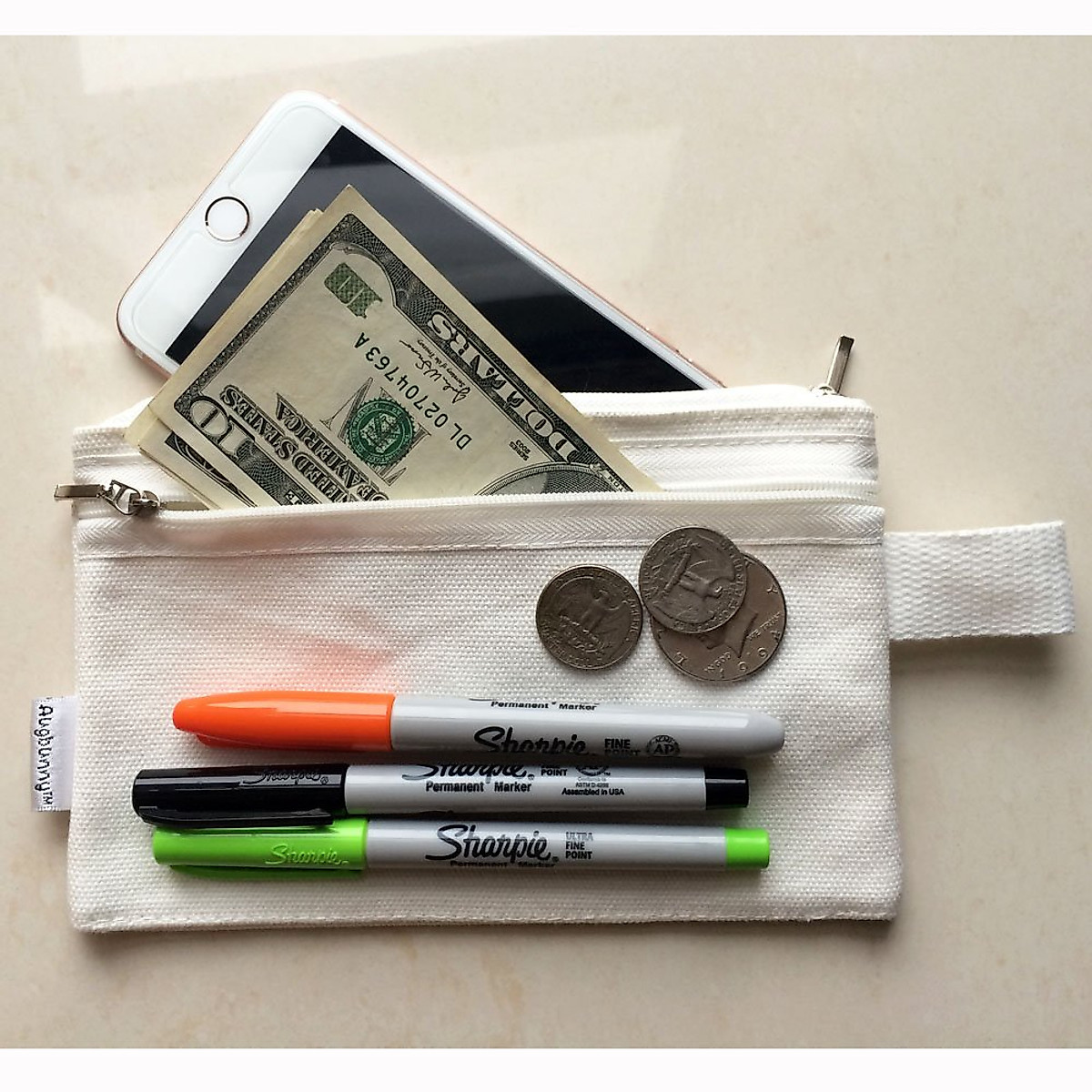 Augbunny 100% Cotton 16oz Canvas Zipper Makeup Pouch, Coin Purse, Cellphone Purse, Pen/Pencil Case 5-Pack