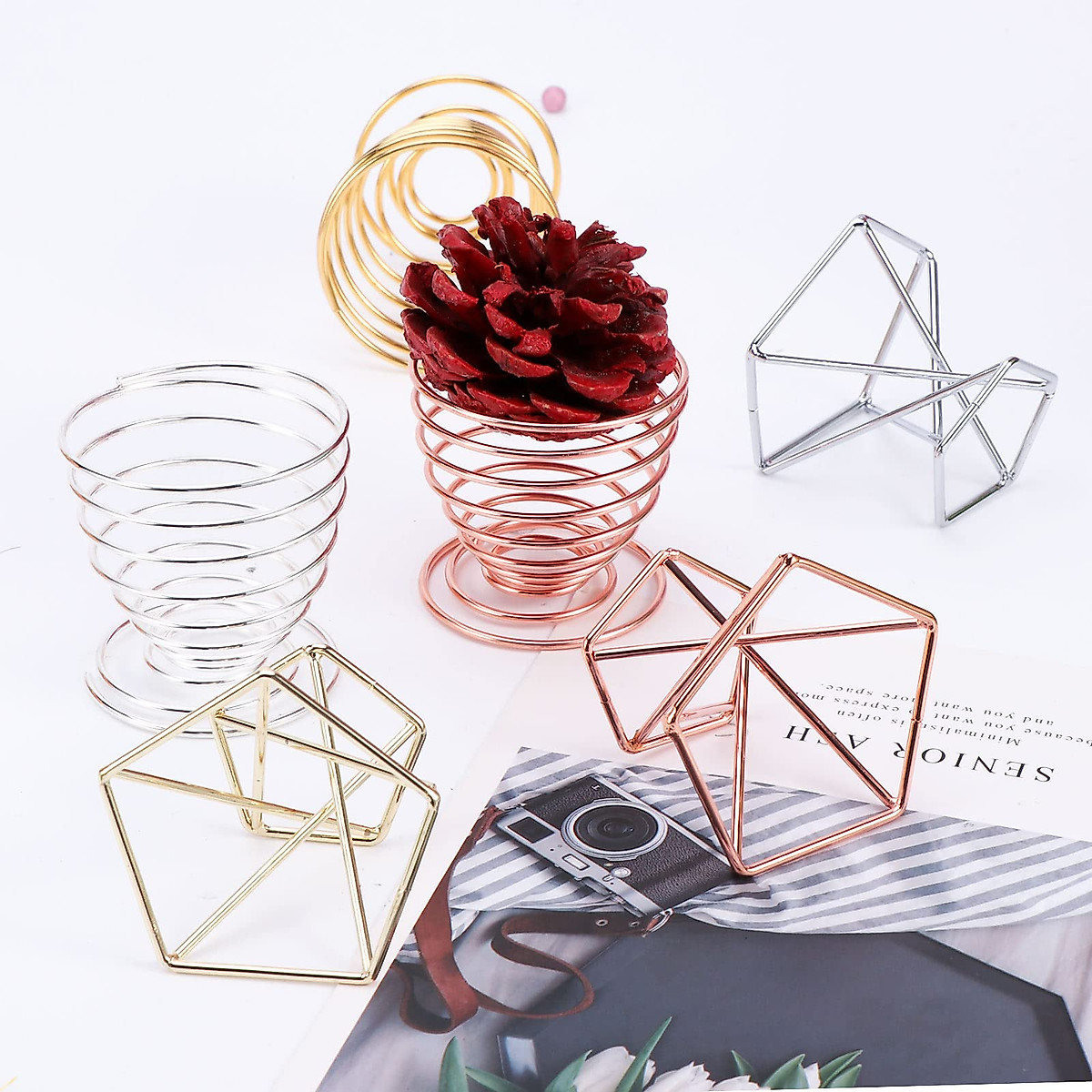 6pcs/Pack Air Plant Holders,Wire Metal Plants Stand Planter Shelves,Airplant Container Tillandsia Holder,Geometric Tabletop Decor for Home Office(Rose Gold+Gold+Silver)