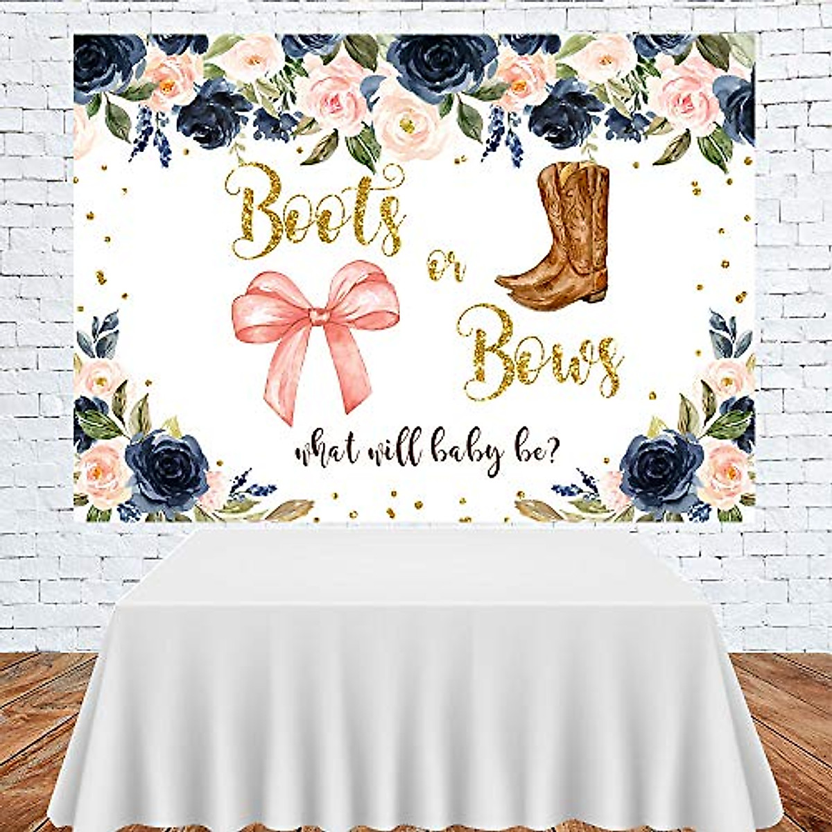 Lofaris Boots or Bows Gender Reveal Photography Backdrop He or She Baby Shower Background Navy Blue Floral What Will Baby Be Newborn Baby Party Decorations Cake Table Supplies Banner 7x5ft