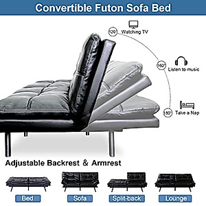 Maxspeed Sofa Bed, Modern Convertible Futon Sleeper Couch Daybed with Adjustable Armrests for Studio, Apartment,Office,Small Space, Compact Living Room,Black