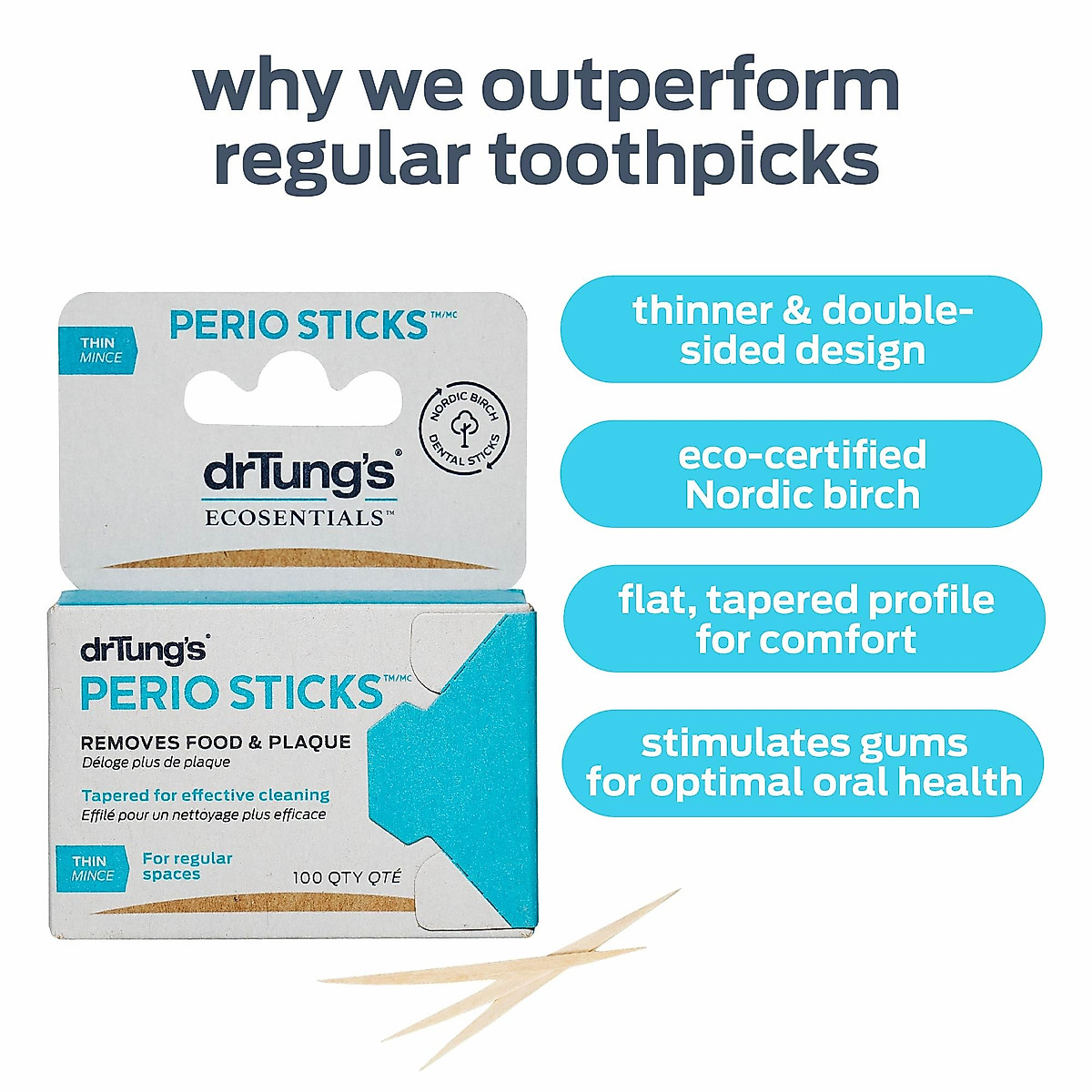 DrTung's Double-Sided Perio Sticks - Dental Sticks for Humans, Dental Floss Picks, Plaque Remover for Teeth, Dental Toothpicks, Dental Picks for Teeth Cleaning - Thin, 100 Count (Pack of 6)
