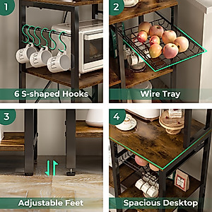 SUPERJARE Bakers Rack with Power Outlet, 35.4 Inches Coffee Bar with Wire Basket, Kitchen Microwave Stand with 6 S-Shaped Hooks, Open Storage Shelves, Rustic Brown