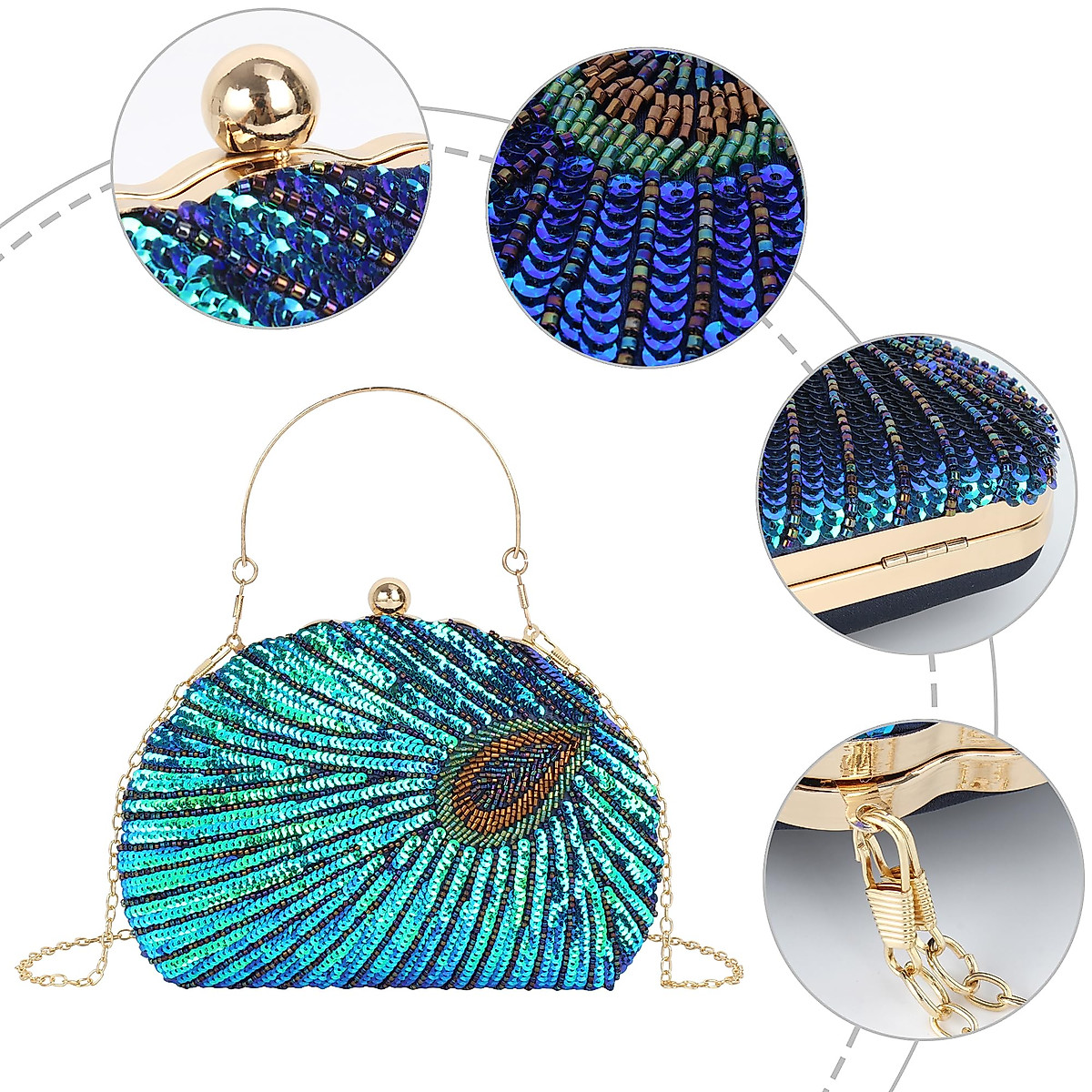 ZLM BAG US Beaded Sequins Seashell Evening Clutch Purse Mini Chain Crossbody Bag Peacock Shell Shoulder Bag