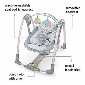 Ingenuity 5-Speed Portable Baby Swing with Music, Nature Sounds & Battery-Saving Technology - Hugs & Hoots, Swing 'n Go, 0-9 Months
