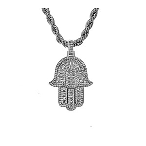 Shop-iGold Men's Hamsa Evil Eye Protector Men Women 925 Italy White Gold Finish Iced Silver Charm Pendant Stainless Steel Real 3 mm Rope Chain, Mans Jewelry, Iced Pendant, Rope Necklace 16"- 24" (24)