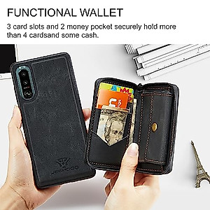 Phone Case for Sony Xperia 5 III 3 / Xperia5III 5G Wallet Cover with Tempered Glass Screen Protector and Credit Card Holder Zipper Stand Cell Accessories Experia 5III 5G XQ-BC72 Women Men Black