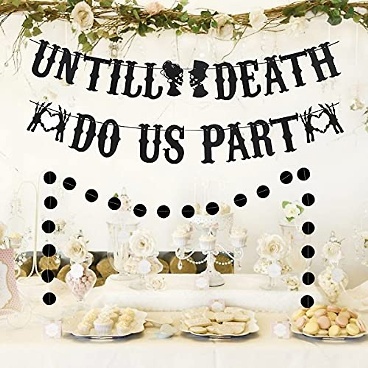 Black Glitter Till Death Do Us Part Banner, Till Death Do Us Part Wedding Decorations with Circle Dots, Halloween Wedding Bachelorette Bridal Shower Engagement Party Decorations ( Pre-Assembled )