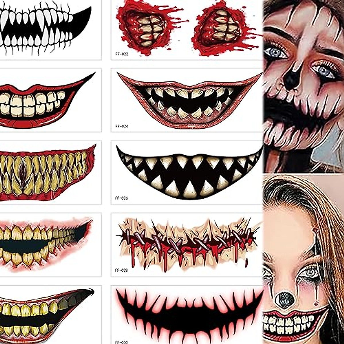 10 Sheets Tattoo Stickers Halloween Prank Makeup Temporary Tattoo Realistic Temporary Tattoos Halloween Clown Tattoos Scary Big Mouth Face Tattoos Decals Kits Prank Prop for Halloween Cosplay Party