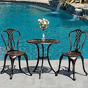 JOIVI 3 Piece Patio Bistro Set, Cast Aluminum Outdoor Conversation Set, Garden Table and Chairs with Umbrella Hole for Backyard, Lattice Design Antique Bronze
