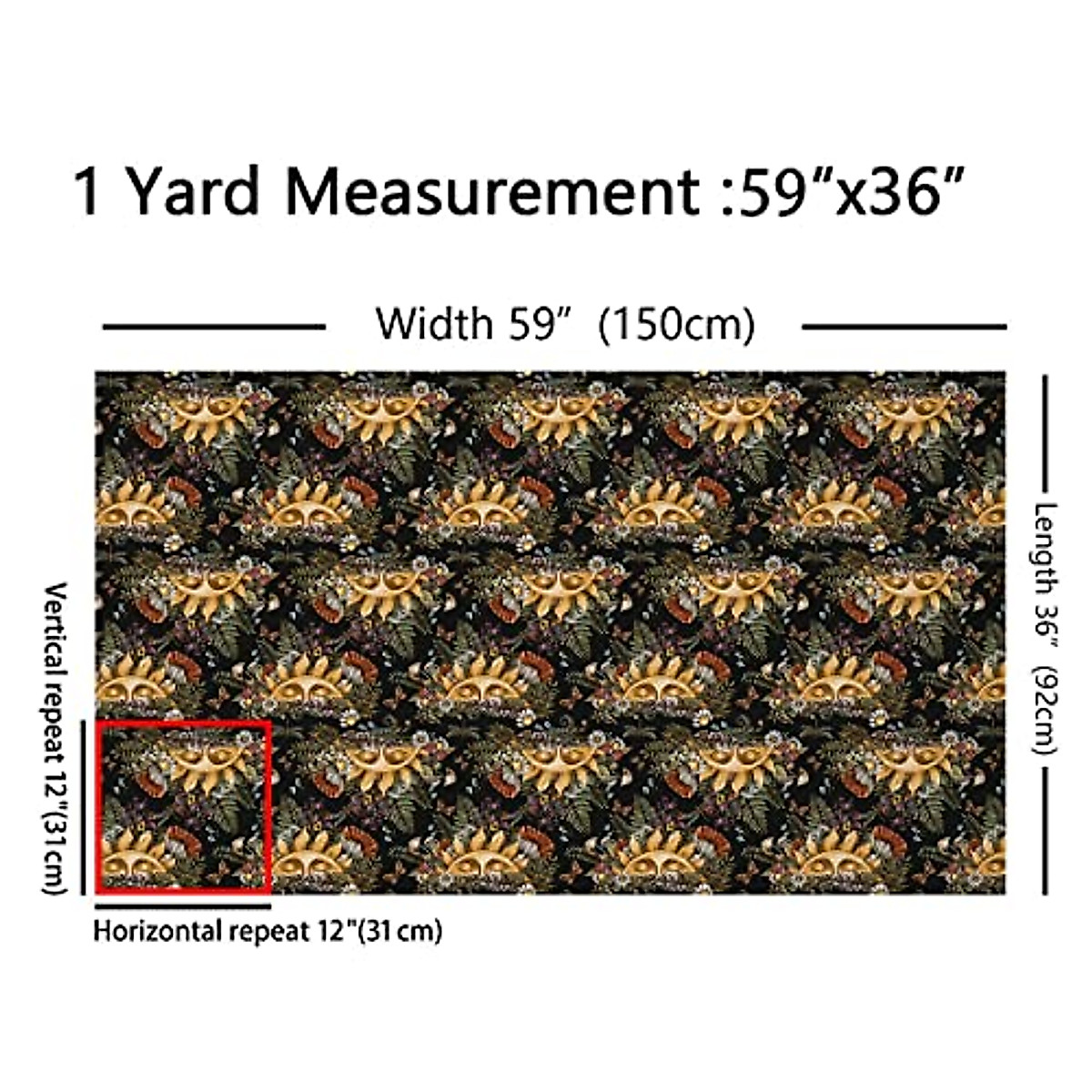 Sun Moon Fabric by The Yard, Bohomian Mushroom Daisy Upholstery Fabric, Gothic Dragonly Butterfly Indoor Outdoor Fabric, Trippy Leaf Halloween Decorative Fabric, DIY Craft Patchwork, 1 Yard, Black