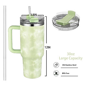 YOUEXPERT 30 oz Tumbler with Handle and Straw, 30oz Travel Cup Stainless Steel Water Bottle Outdoor Sports Tumblers - Green Tie Dye