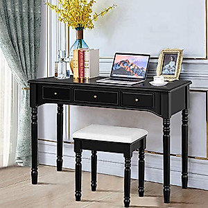 DORTALA Makeup Vanity Table Set w/ 7 Drawers, Removable Tri-Folding Mirror w/ 8 Jewelry Necklace Hooks, Dressing Table w/ Open Storage Box & Cushioned Stool, Solid Wood Legs,Black