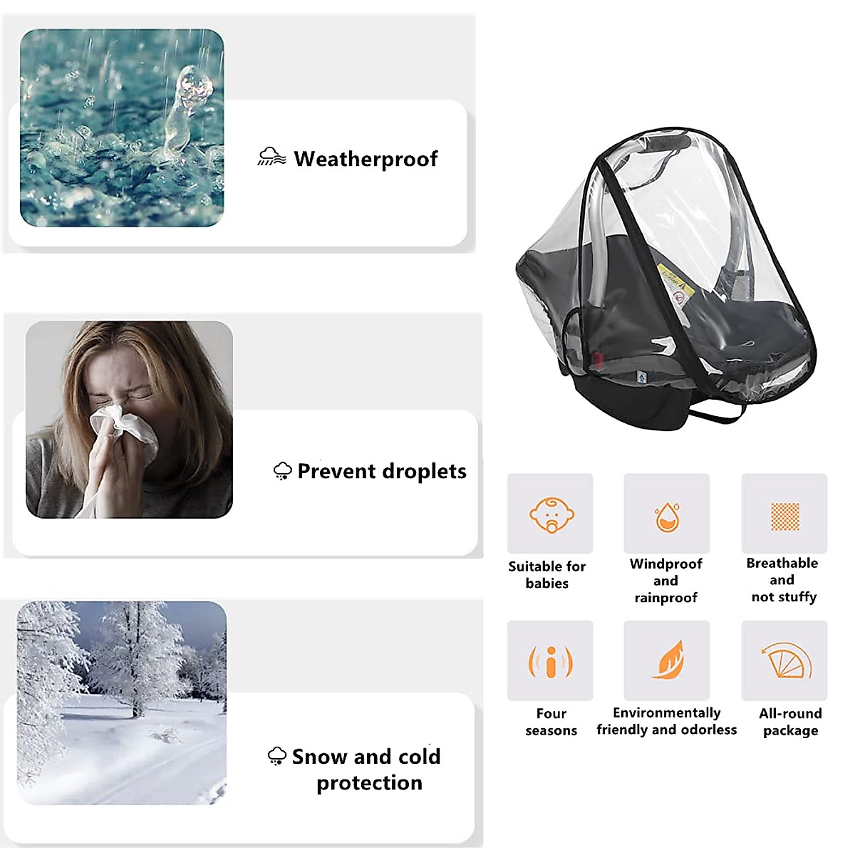 Universal Car Seats Carrier Rain Cover, Infant Baby Travel Ventilated Wind Rain Shield, Waterproof, Snow and Dust Proof Rain Cover Features Quick-Access Zipper Door & Side Ventilation & Handle Opening