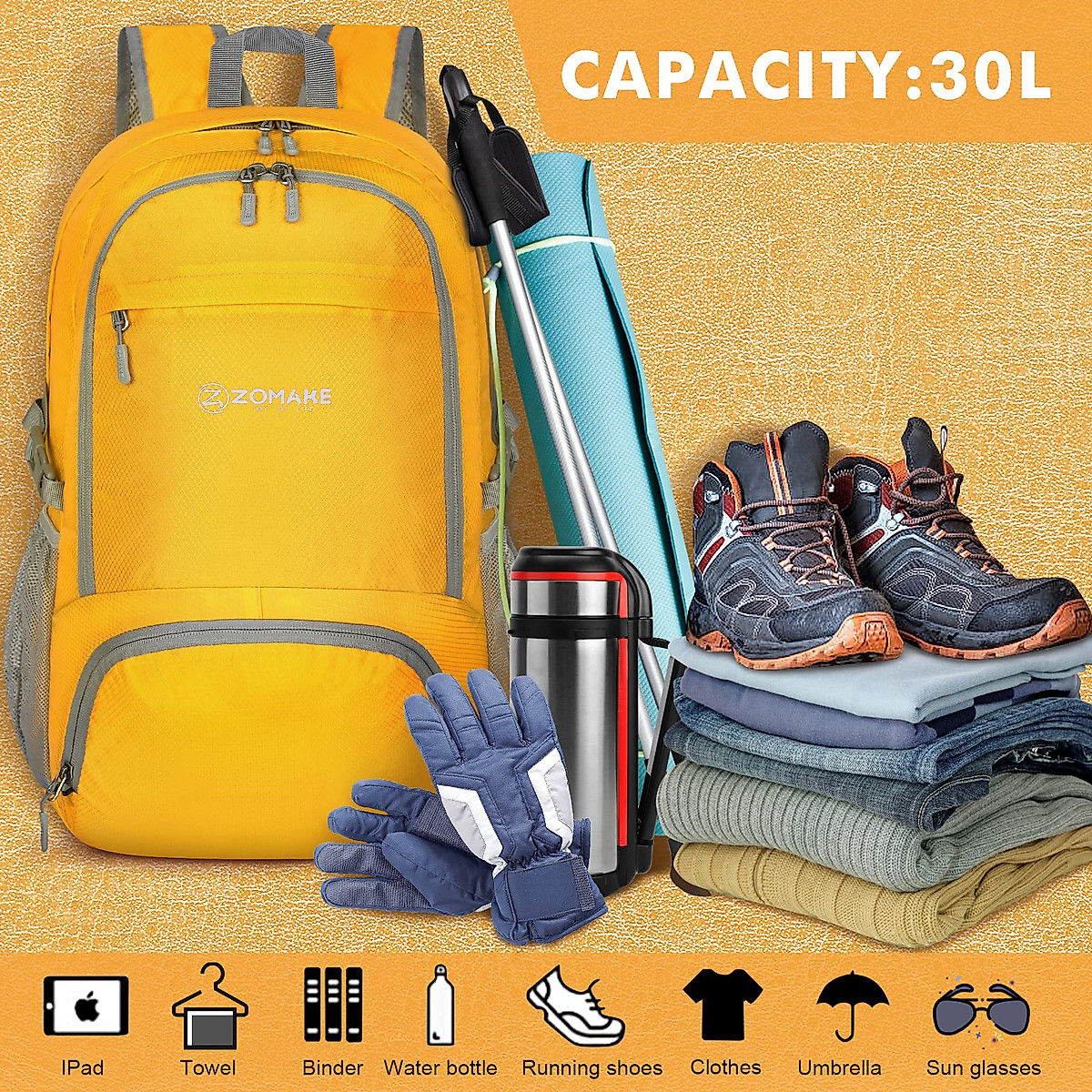 ZOMAKE Lightweight Packable Backpack 30L - Foldable Hiking Backpacks Water Resistant Compact Folding Daypack for Travel(Yellow)